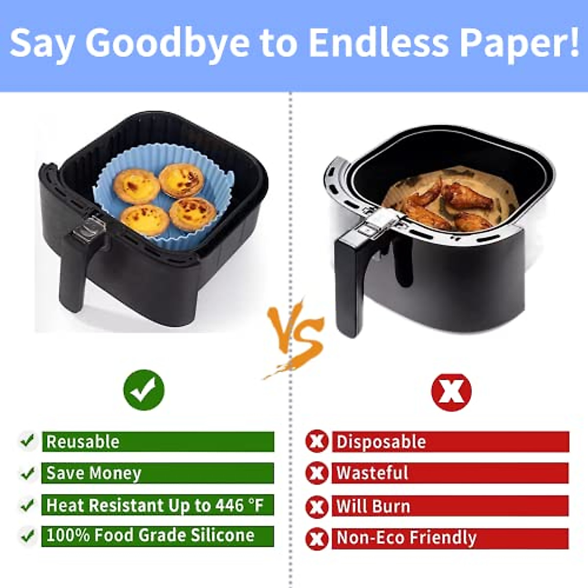 Air Fryer Silicone Liners 8 Inch, 2 Pack Air Fryer Accessories for Ninja Air Fryer Liners Reusable with Handle, Basket for 5 QT 6QT 7 QT, Red & Blue