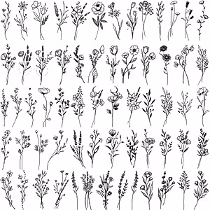15 Sheets FANRUI Tiny Branch Black Flower Temporary Tattoos For Women Girl Floral Bouquet Small Tattoo Temporary Wild Plant Lavender Sweet Pea Larkspur Fake Tatoo Adults Face Hands Kids Kit Sticker