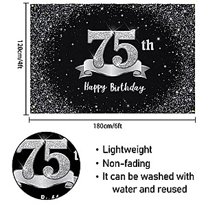 HAMIGAR 6x4ft Happy 75th Birthday Banner Backdrop - 75 Years Old Birthday Decorations Party Supplies for Women Men - Black Silver