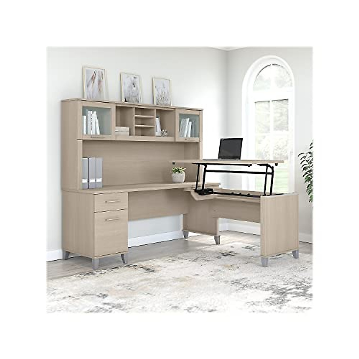 Bush Furniture Somerset 72W 3 Position Sit to Stand L Shaped Desk with Hutch in Sand Oak