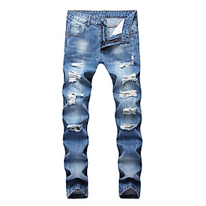 DANT BULUN Men's Ripped Distressed Destroyed Slim Fit Straight Leg Denim Jeans(W34,Blue)
