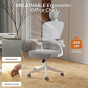 SICHY AGE Ergonomic Office Desk Chair, Home Mesh Office Desk Chairs with Wheels, High Back Office Chair with Flip-Armrest & Cushion for Lumbar Support, Office Chair for Study and Work, Gray