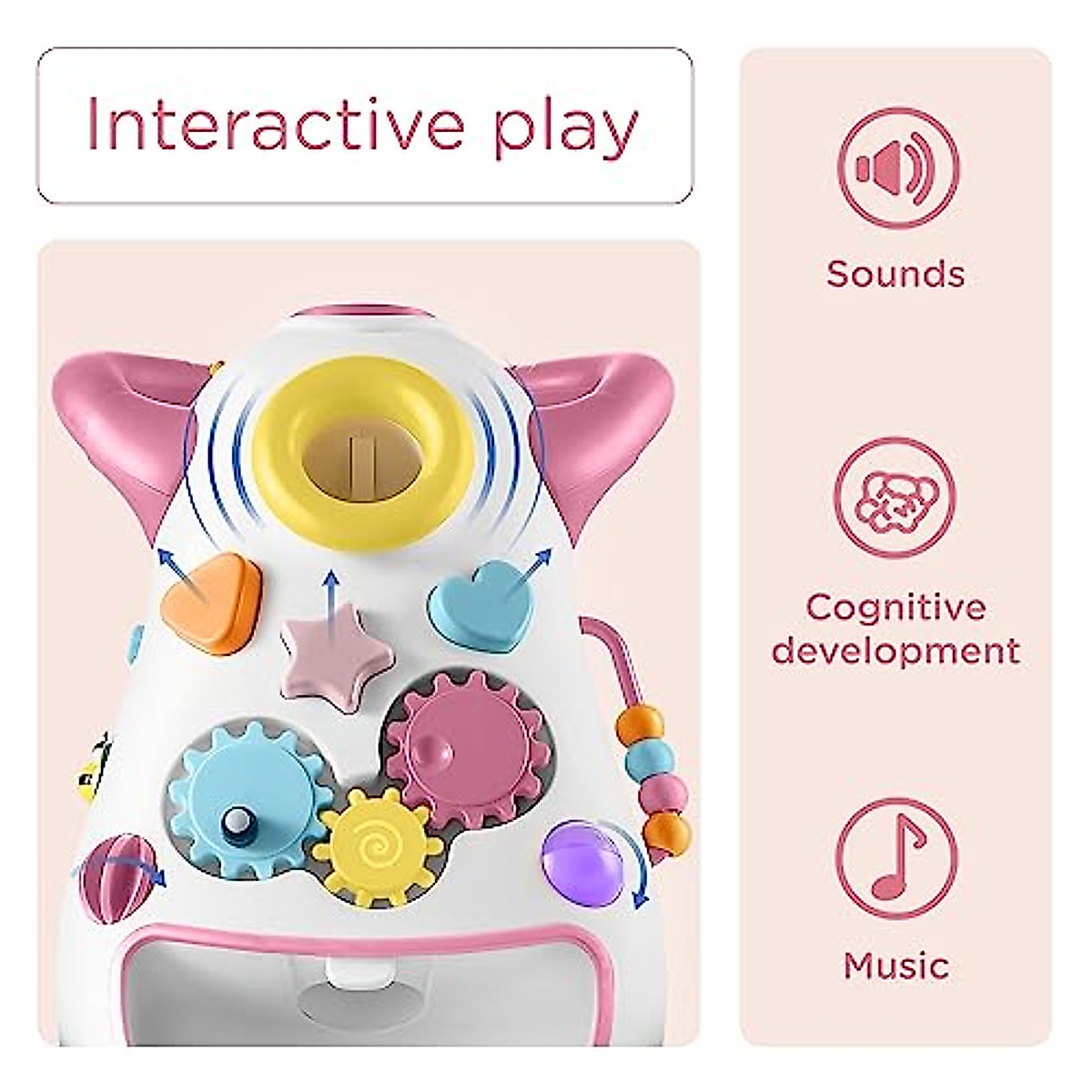 KÜB Baby & Toddler Interactive Push Walker, Educational Music Lights and Activities, Adjustable Speed Wheels, Safe & Stable,Pink,Girls Toy