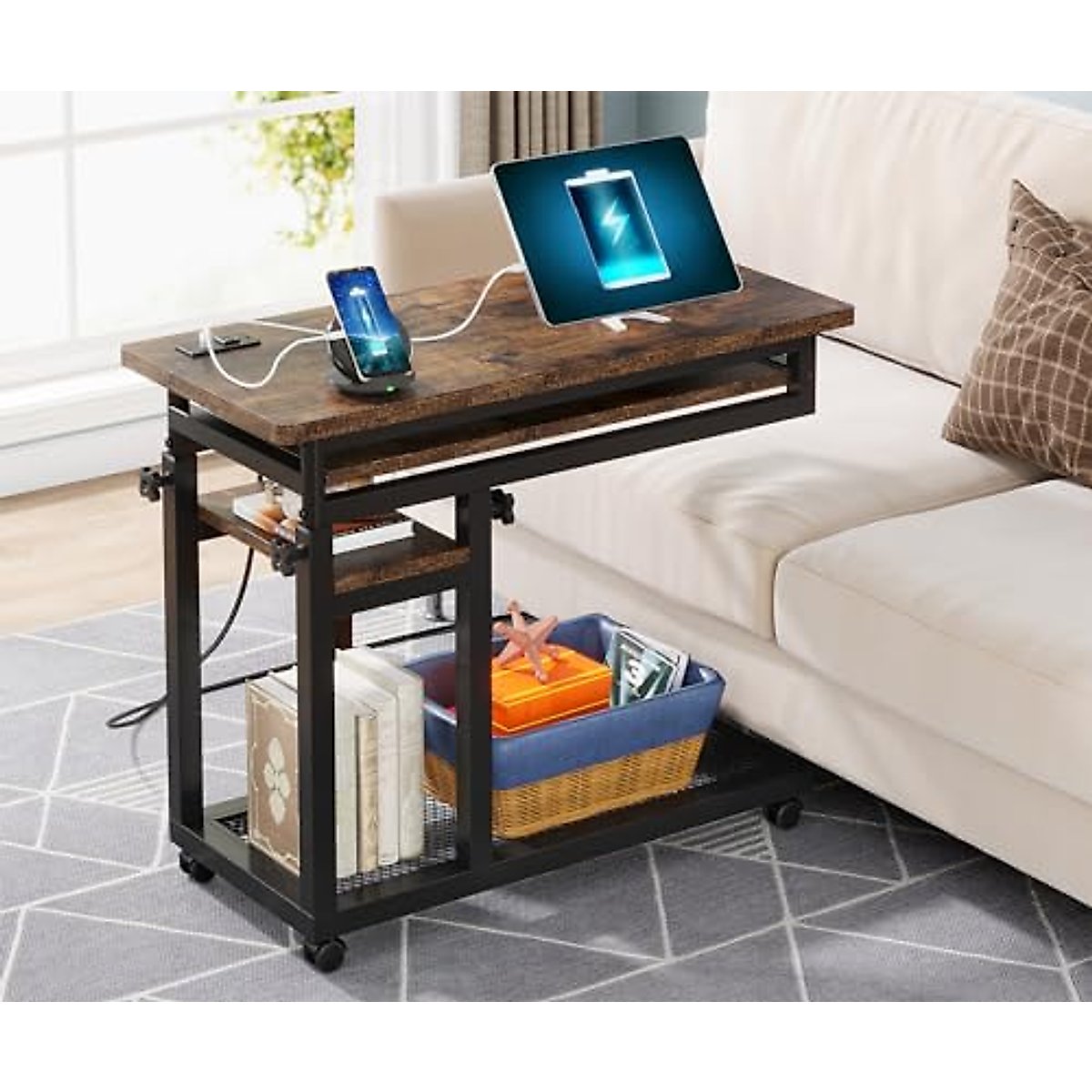 Tribesigns Small Portable Desk with Power Outlet, Height Adjustable Sofa Couch Bedside Laptop Table with Wheels, Mobile Standing Desk Rolling Computer Cart C Side Table with USB Ports