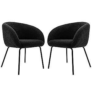 ONEVOG Upholstered Modern Sherpa Chairs for Makeup Vanity Desk, Black Boucle Dining Chairs wtih Arms, Curved Back, Metal Legs, Cozy Kichen & Dining & Living Room Cushioned Seats Set of 2
