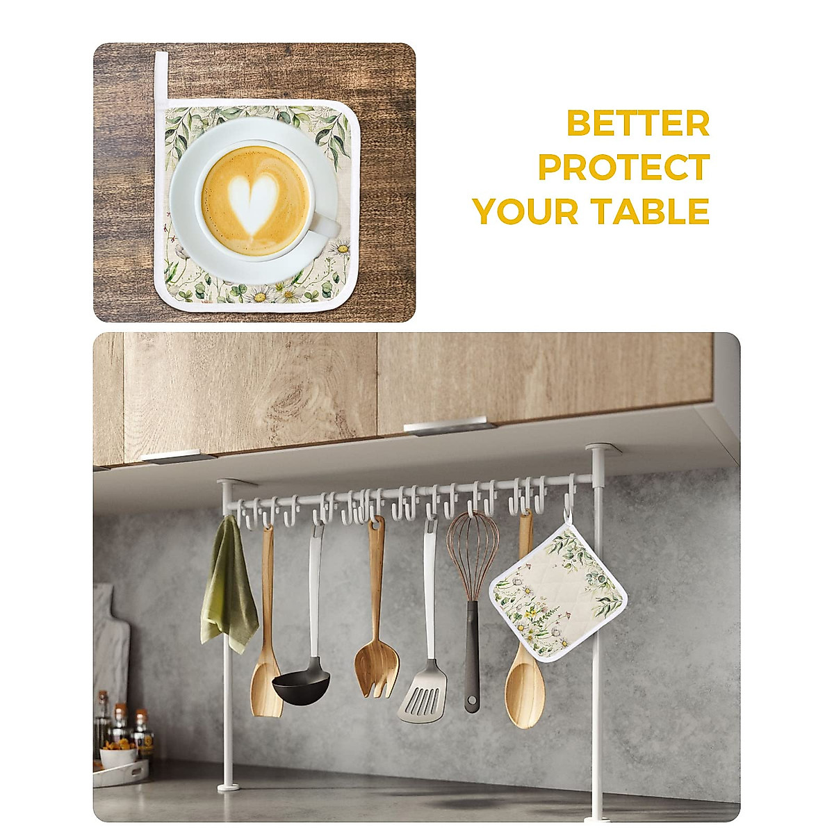 Spring Floral Pot Holders for Kitchen Heat Insulation, Weeping Eucalyptus Leaves Botanical Summer Flowers Daisy Potholders Hot Pads with Hanging Loop, Washable Pot Holder Trivet for Cooking 5 Pack