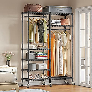 VIPEK R4 Rolling Garment Rack 6 Tiers Adjustable Heavy Duty Wire Shelving Clothes Rack with Double Rods and Lockable Wheels, Freestanding Wardrobe Closet Storage Rack Metal Clothing Rack, Black