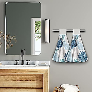 Blue Coral Kitchen Hand Towel - Beach Nautical Coastal Teal Sea Towel Set of 2 Ultra Soft Absorbent Tie Towel Tea Bar Towels for Bathroom Kitchen Laundry Room 12 x 17 Inches
