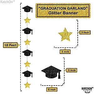Glitter Graduation Cap Garland, 10 Feet - 8 String, No DIY | Black and Gold Graduation Party Decorations 2023 | Black Graduation Cap Decorations for Class of 2023 Decorations | 2023 Graduation Garland