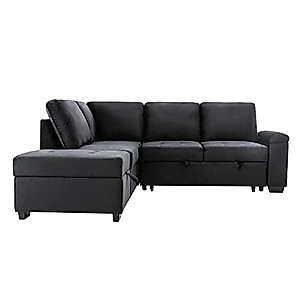 UBGO Sectional Modern L Shape Corner Convertible Sleeper Combination Sofa Bed Ottoman and Storage Hidden Arms Pull Out Sheet for Living Room Apartment, Black G