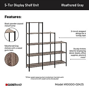 ClosetMaid Ladder Step Bookcase, 5 Tier, 7 Shelves, Display Shelf for Living Room or Office, Industrial Black Metal and Wood, Weathered Gray