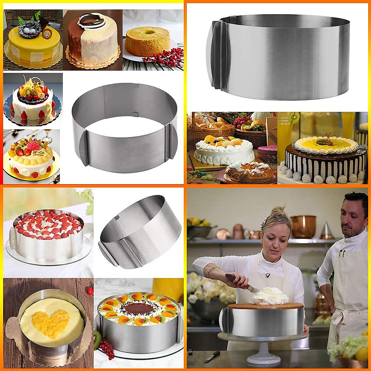 Cyimi Adjustable Cake Mould Stainless Steel Cake Mousse Ring 6 to 12 Inch, Thickened Cake Ring Mould Set of 2 for Baking,DIY Cake (Round+Square)