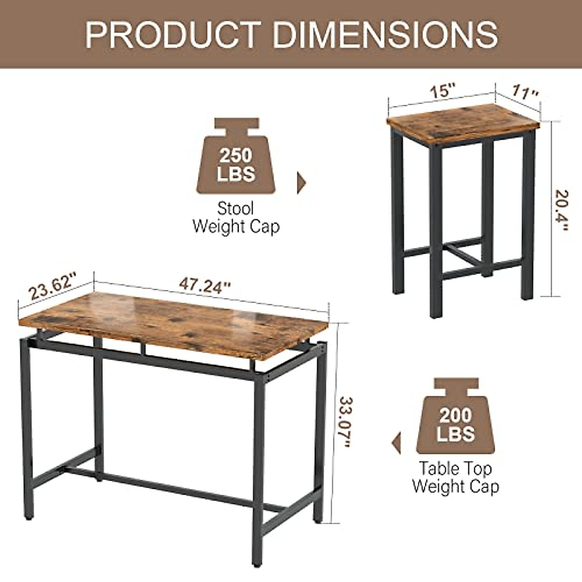 AWQM Bar Table and Chairs Set,Industrial Dining Table Set for 4,Small Kitchen Table Wood Pub Bar Table Set,Dining Room Table Set for Small Space, Breakfast Nook,Living Room,Walnut