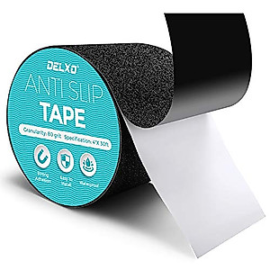 Delxo 4 inch x 30 Foot Anti-Slip Tape Outdoor Stair Treads, Non Slip Traction Stair Grip Tape, Best Grip, Friction, Abrasive Adhesive for Stairs Indoor, Black Grip Tape for Steps Outdoor