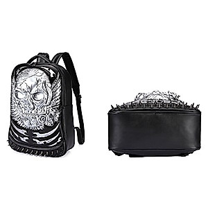 AIBAG 3D Skull Head Backpack, PU Leather Gothic Cracked Rivets Studded Cool Laptop Backpack Large College Bookbag, Gold