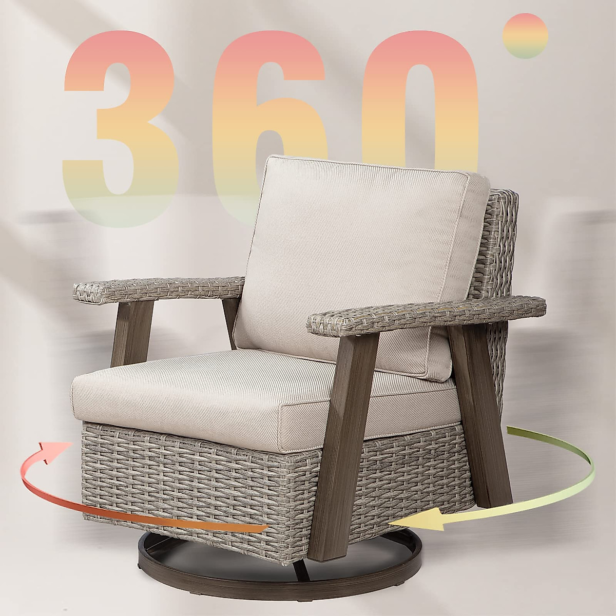 Joyside Patio Chair - Outdoor 360 Degree Swivel Rocker Chair with Durable Fabric Cushion and Ergonomic Structure, Patio Wicker Dining Chair(Grey/Beige)