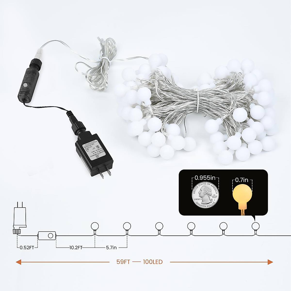 Globe String Lights, 100Led 59FT Fairy Lights Plug in 8 Modes with Remote Control Waterproof Outdoor Indoor String Lights, Fairy Lights for Bedroom, Garden, Party, Wedding, Warm White