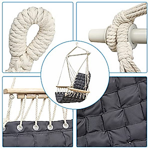 ROOITY Hammock Chair Hanging Swing with Wooden Armrests;Steel Spreader Bar and Anti-Slip Rings;Cotton Woven Fabric;Up to 300 Lbs for Bedroom,Patio,Porch,Deck-Indoor Outdoor Grey