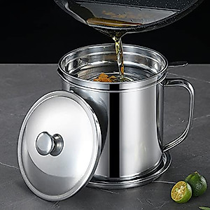 Bacon Grease Container with Strainer 1.25 L / 42 oz Strong SUS 304 Food-grade Stainless Steel Cooking Oil Keeper with Lid and Easy-Grip Handle Suitable for Storing Frying Oil and Cooking Grease