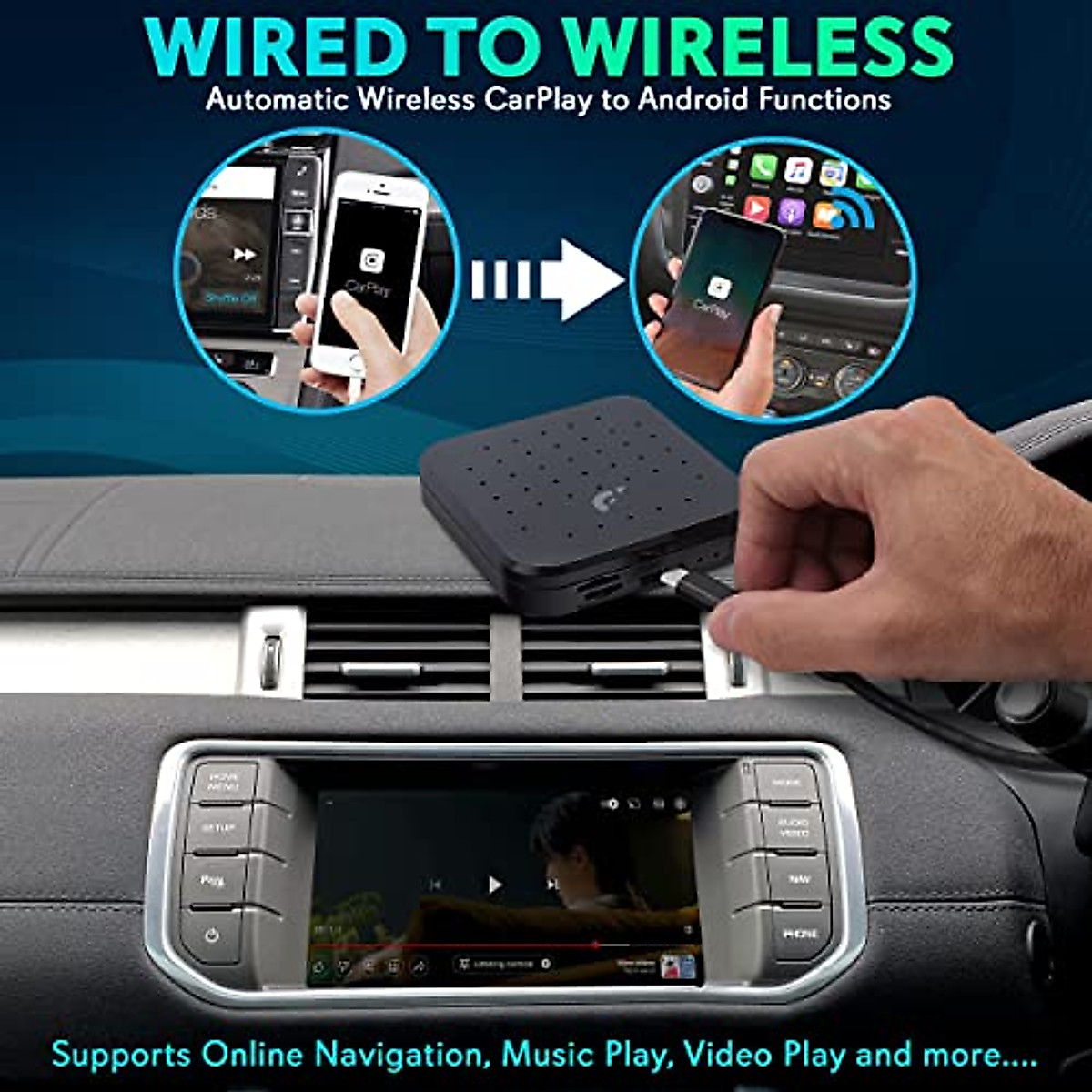 Pyle Wireless Carplay iA Box, 4GB RAM 64GB ROM, 2.4GHz, 5GHz Dual Band WiFi BT Octa Core 64Bits D, 4K Full HD, H.265, USB3.0 Android Box, Screen Mirroring, Install Android Apps - PAS22BK