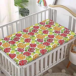 Rose Themed Fitted Mini Crib Sheets,Portable Mini Crib Sheets Ultra Soft Material-Baby Sheet for Boys Girls,24“ x38“,Multicolor