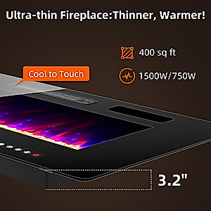 Zionheat 50 inches Electric Fireplace-Wall Fireplace for Living Room-Fireplace Heater Insert Wall Mounted with Remote Control,Timer,12 Flame Colors,750/150W,Ultra Thin
