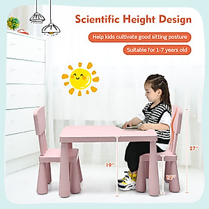 HOMGX Toddler Table and Chair Set, Plastic Kid Activity Table & 2 Chairs, 3-Piece Children Playroom Furniture Set for Reading, Writing & Painting, Kids Table and Chair Set for Age 3-7 (Pink)
