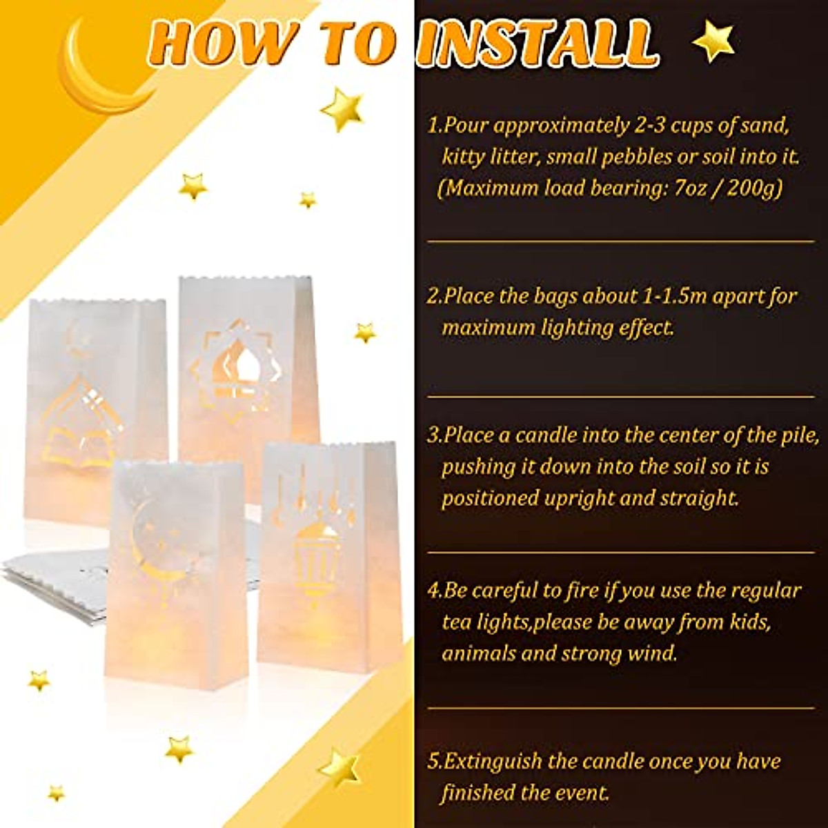 48 Pcs Eid White Luminary Bags Ramadan Mubarak Decoration Flame Resistant Bags Islamic Star Moon Reusable Luminary Paper Bags for Home Eid Party Wedding Birthday Decorations (Lights Not Included)