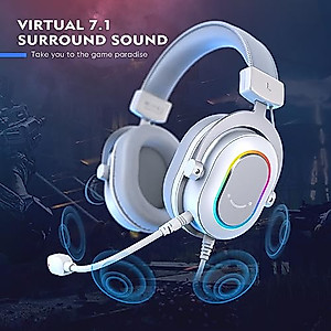 FIFINE USB Gaming Headset, PC Headphones Wired with Microphone for Computer/Laptop/PS4, Over-Ear RGB Headset with 7.1 Surround Sound, Noise Cancellation for Streaming Video Game- AmpliGame H6 (White)