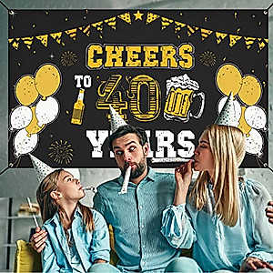DARUNAXY 40th Birthday Black Gold Party Decorations, Cheers to 40 Years Banner for Men 40 Year Old Birthday Party Supplies, Large Fabric 40 Birthday Backdrop Photography Background for Women