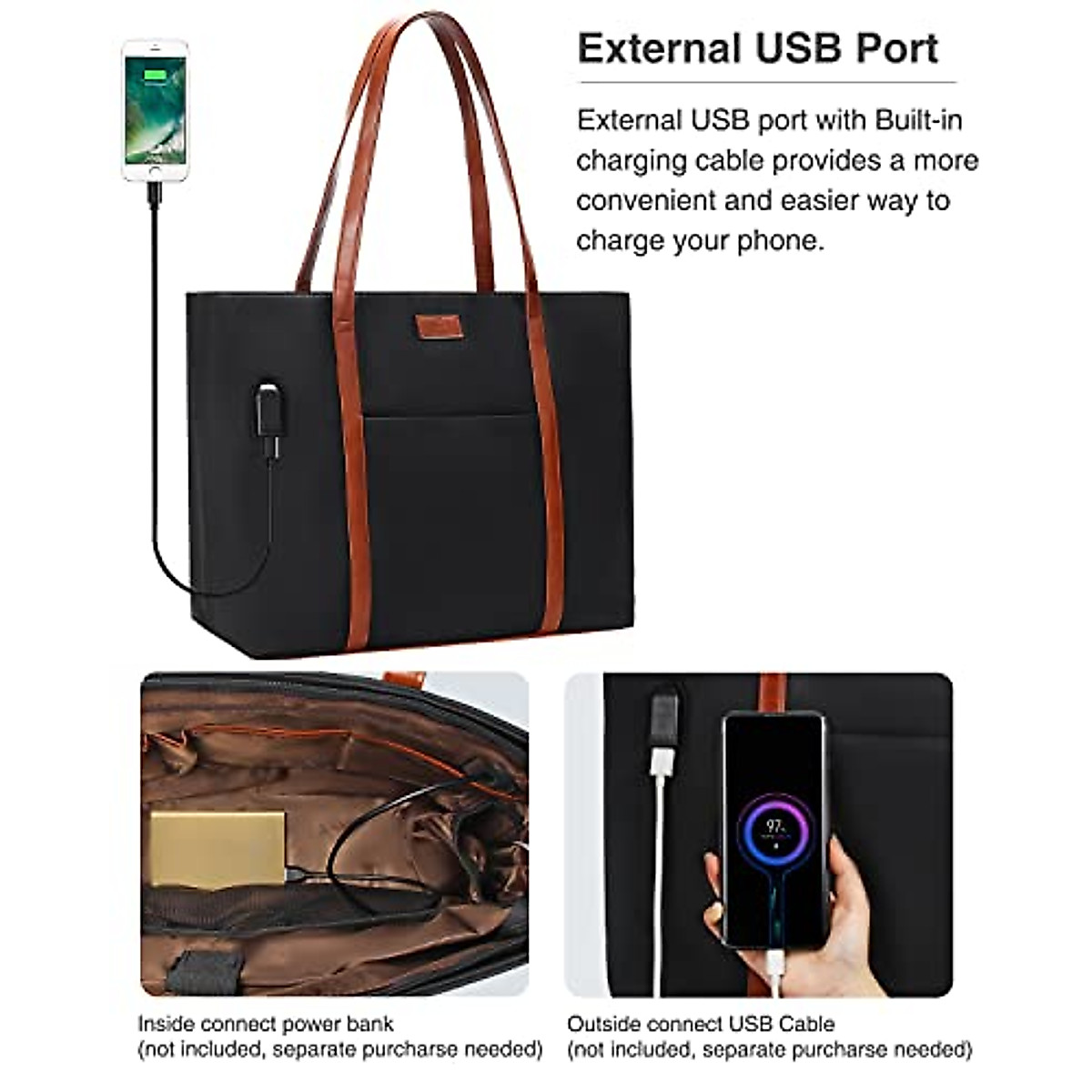 Laptop Tote Bag for Women Teacher Work Office USB Bags Fits 15.6 inches Laptop Lightweight Water Resistant Nylon Tote Bag (Black and Brown Strap)