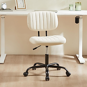 Warmiehomy Armless Office Chair with Wheels Small Swivel Rolling Desk Chair PU Leather Hieght Adjustable Computer Task Chair Modern Vanity Chair with Low Back Lumbar Support,White