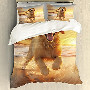AQYAPTOIY Golden Retriever Duvet Cover for Bedroom Beach Comforter Cover King Size,Bed Covers for Living Room Aesthetic Bedding 3 Pcs Set for Dorm Quilt Cover Blanket Cover for Home