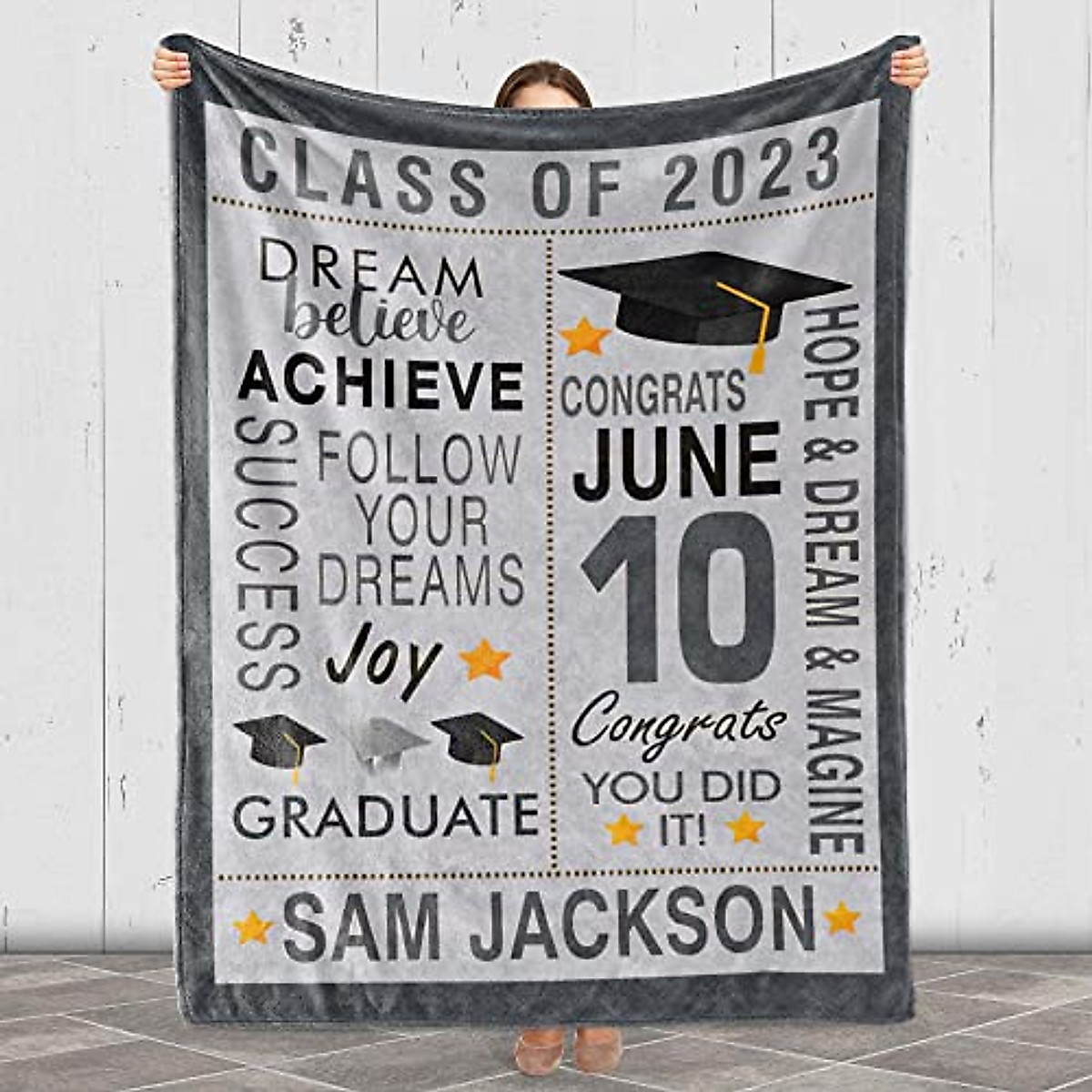 Class of 2023 Personalized Graduation Blanket, Custom Name & EST, Congratulations Gift Gesture for The One Who is Achieving Success & Getting Graduated, Soft Blanket Proudly Printed in USA