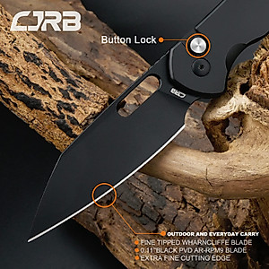 CJRB Pyrite-Alt (J1925A) Folding Pocket Knife with 3.11'' Black PVD AR-RPM9 Wharncliffe Blade Black PVD Steel Handle,Button Lock EDC Knife for Tactical,Outdoor,Hiking and Gift