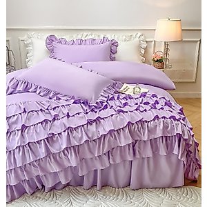MOOWOO Girls Bedding,Waterfall Ruffle Duvet Cover -Twin 2 Piece Shabby Chic Bedding Solid Color Soft and Breathable with Zipper Closure,Corner Ties,Aesthetic Bedding-Purple,Twin