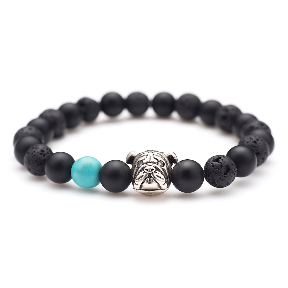 Karseer Black Matte Onyx and Lava Energy Stone Mala Beaded Stretch Bracelet with Bulldog Mascot Charm and Birthstone Embellishment, Handmade Friendship Jewelry Gift Unisex 7", Antique Silver