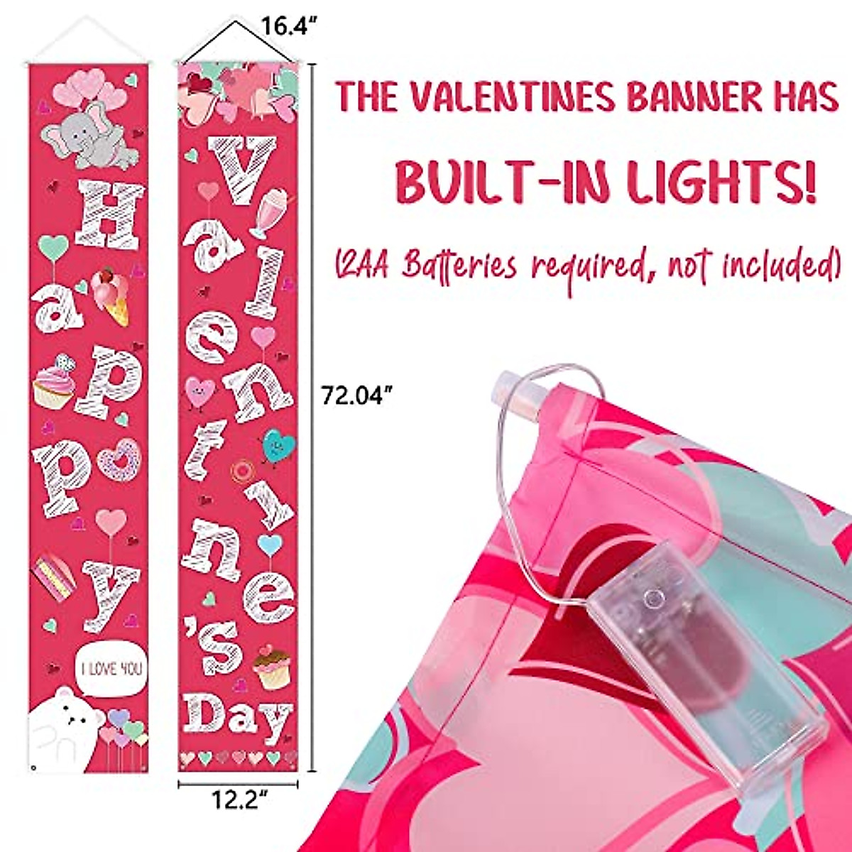 90shine 2PCS Valentines Day Decorations Lighted Banners - Valentine Door Porch Signs Heart Love Hangings Wall Decor Party Supplies(Not Batteries Included)