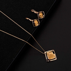EVEVIC Square Austrian Crystal Necklace Earrings Set for Women 18K Gold Plated Jewelry Set (Brown)