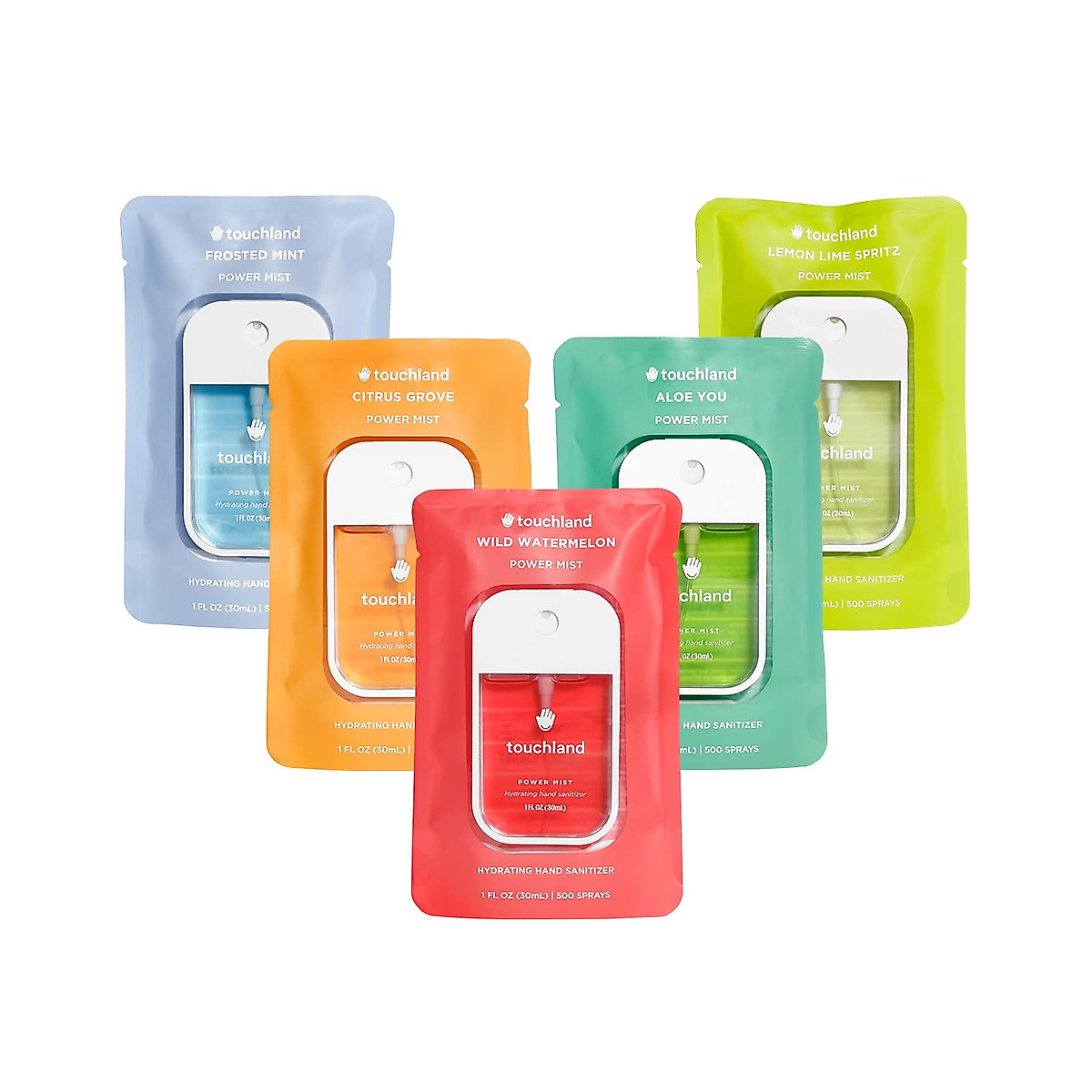 Touchland Power Mist Hydrating Hand Sanitizer FRESH 5-PACK | Mint, Citrus, Lemon Lime, Aloe, Watermelon | 500-Sprays each, 1FL OZ (Set of 5)