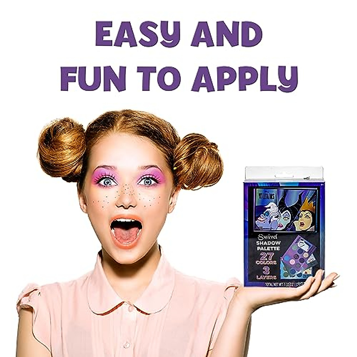 Townley Girl Disney Villians Water Based 27-Well Eyeshadow Swivel Palette, Shimmery and Opaque Colors, Pigmented Blendable, Long-lasting Colors, Ages 3 and Up