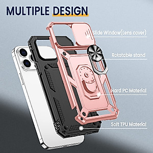 Goton Armor Case for iPhone 13 Pro Max Stand Case with Slide Camera Cover & Kickstand Military Grade Heavy Duty Protective with Magnetic Car Mount Holder for iPhone 13 Pro Max 6.7 Rosegold