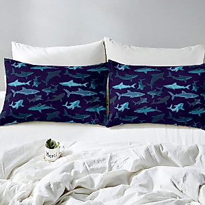 Sharks Bedding Set, Large Reef Shark Duvet Cover, Deep Ocean Animal Quilt Cover For Kids Boys Girls, Rodents Wild Marine Life Hawaiian Comforter Cover Child Room Décor 3Pcs Queen Size Navy Blue