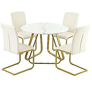 OPTOUGH 5-Piece Set with Faux Marble Table and Four Chairs with Metal Legs for Dining, Kitchen and Living Room,White