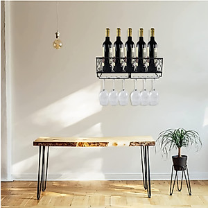 KNC Wall Mounted Wine Rack, Metal Bottle & Glass Holder with Hanging Stemware Glasses, Kitchen,Restaurant Living Room Décor,Storage Rack (Large (50cm/19.68in))