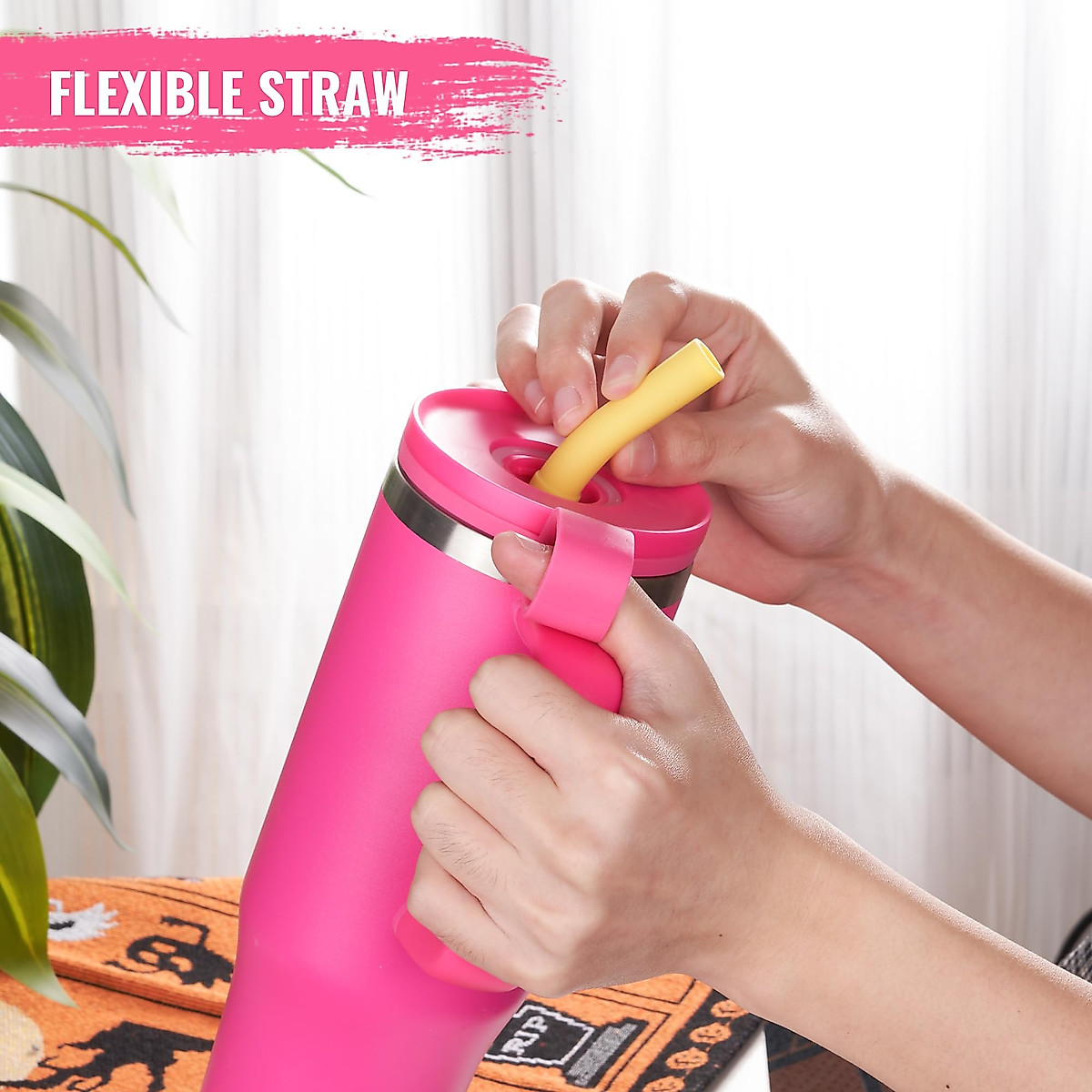 40oz Tumbler, Insulated Stainless Steel Water Bottle with Straw, Cover Cap, Leak Proof Travel Tumbler with Handle, BPA-Free, Cupholder Friendly, Gifts for Women & Men, Passion Pink