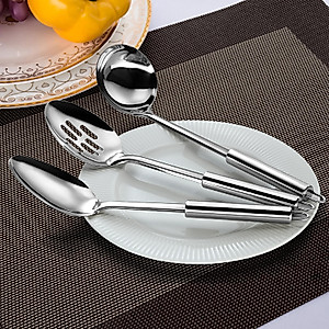 Pleafind Serving Utensils Set for Parties,3-Piece Silver Stainless Steel utensils set,Includes 1 Serving Spoon, 1 Slotted Spoon and 1 Soup Ladle,Serving Spoons for Buffet
