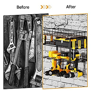 HOYRR Power Tool Organizer, Drill Holder Wall Mount, Garage Tool Organizers With 5 Drill Holders, Heavy Duty Tool Shelf With Basket, Perfect Tool Organizer Gift for Father