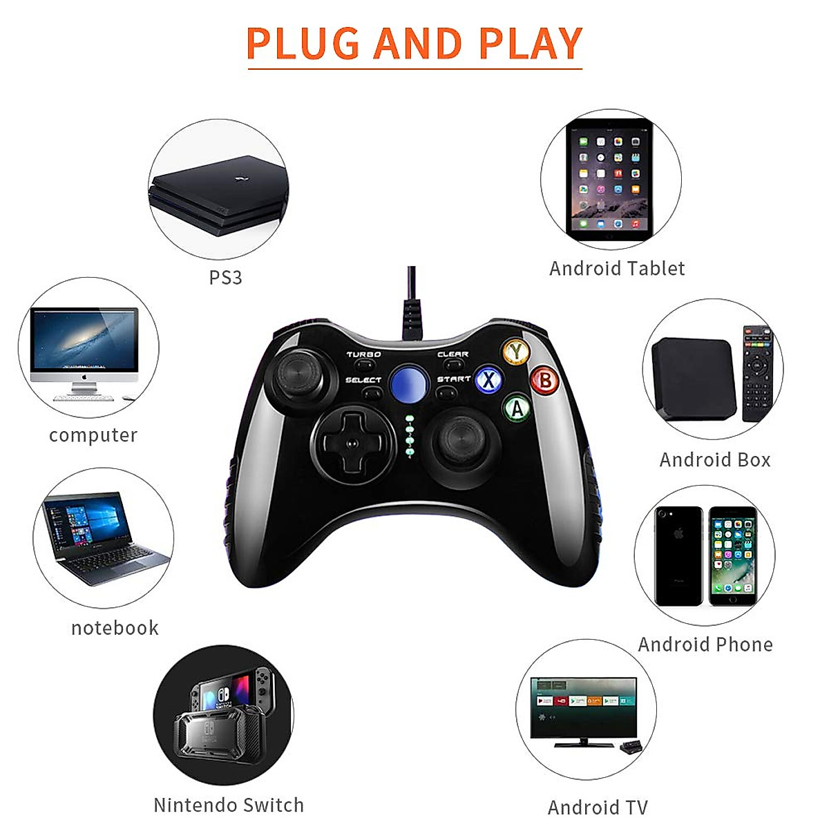 Wired PC Game Controller,Video Game Gamepad,with Dual-Joystick,Vibration Motors,7.2 feet USB Cable,Compatible with PC Windows,PS3,Android TV Box (Black)