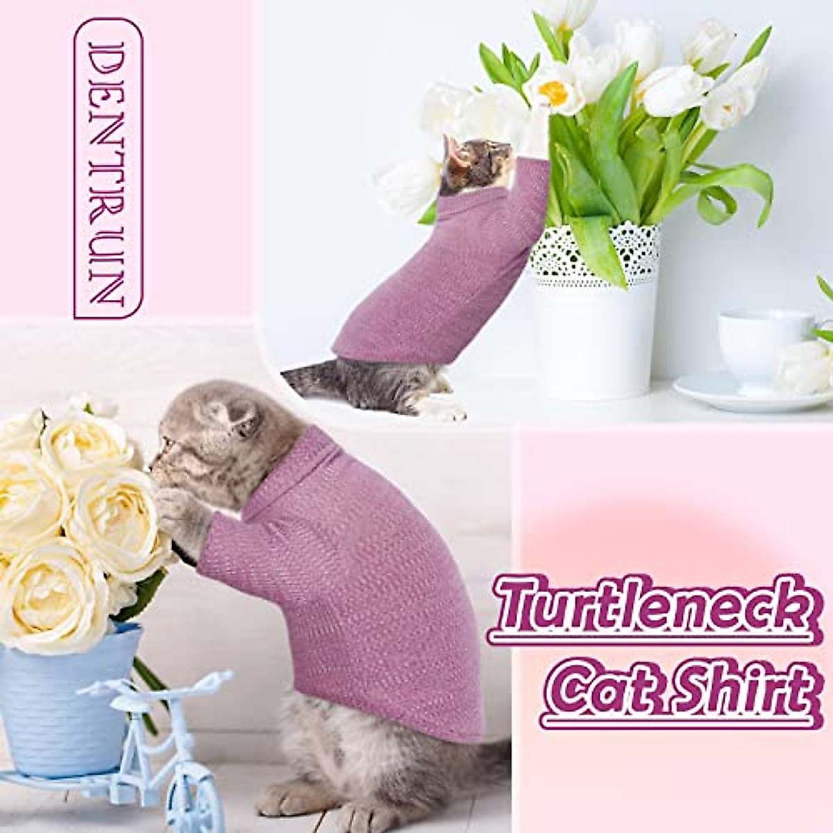 DENTRUN Sphynx Hairless Cats Shirt Pullover Kitten T-Shirts, Breathable Cat Wear Turtleneck Sweater Adorable Cat's Clothes Vest Pajamas Jumpsuit